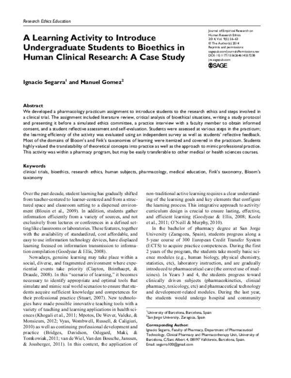 (PDF) A learning activity to introduce undergraduate students to bioethics in human clinical ...