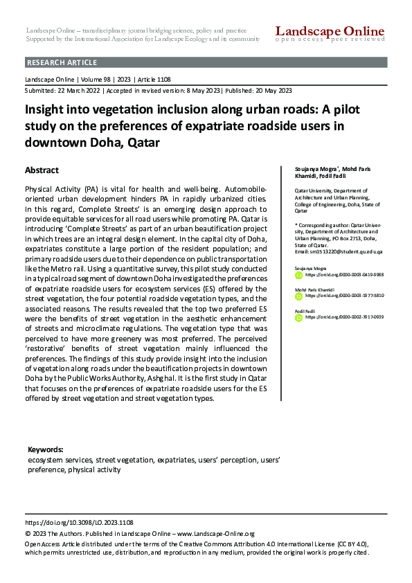 (PDF) Insight into vegetation inclusion along urban roads: A pilot ...