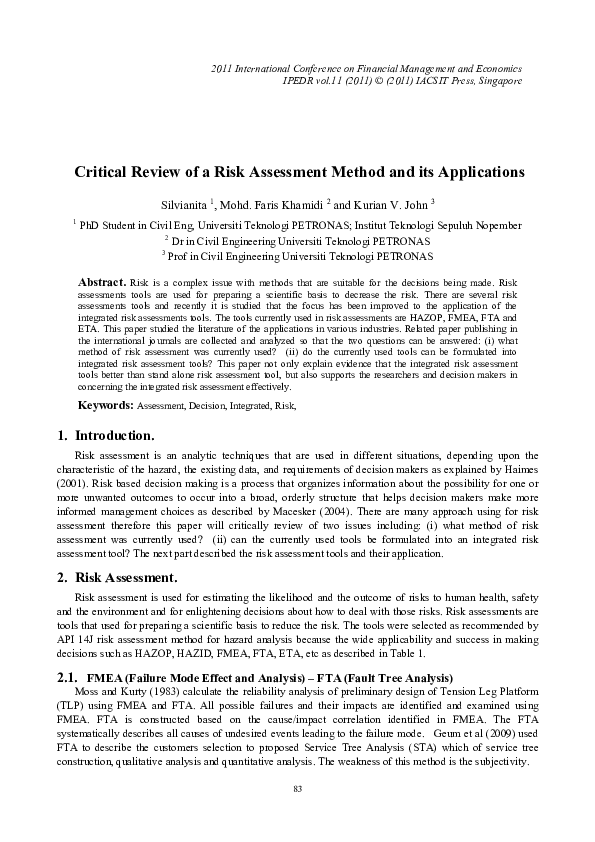(PDF) Critical Review of a Risk Assessment Method and its Applications