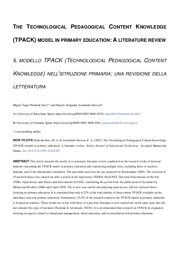 (PDF) THE TECHNOLOGICAL PEDAGOGICAL CONTENT KNOWLEDGE (TPACK) MODEL IN PRIMARY EDUCATION: A ...