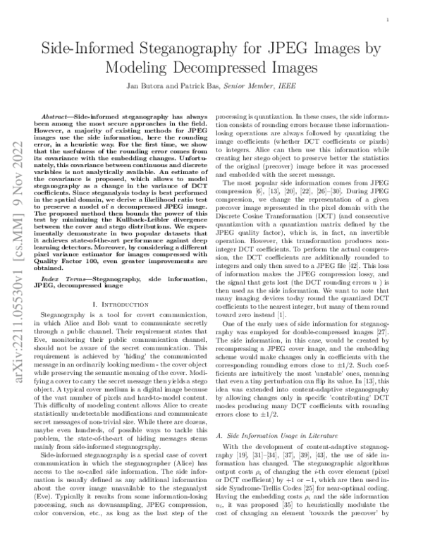 (PDF) Side-Informed Steganography for JPEG Images by Modeling Decompressed Images