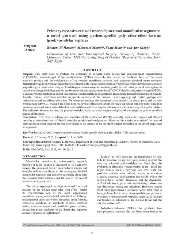 (PDF) Primary reconstruction of resected proximal mandibular segments ...