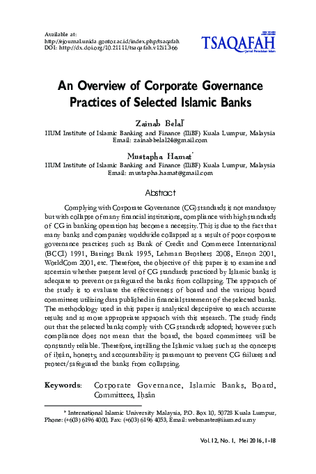 (PDF) An Overview of Corporate Governance Practices of Selected Islamic Banks