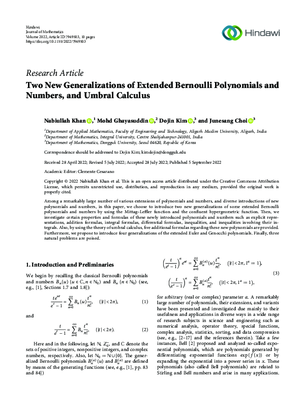 Pdf Two New Generalizations Of Extended Bernoulli Polynomials And Numbers And Umbral Calculus