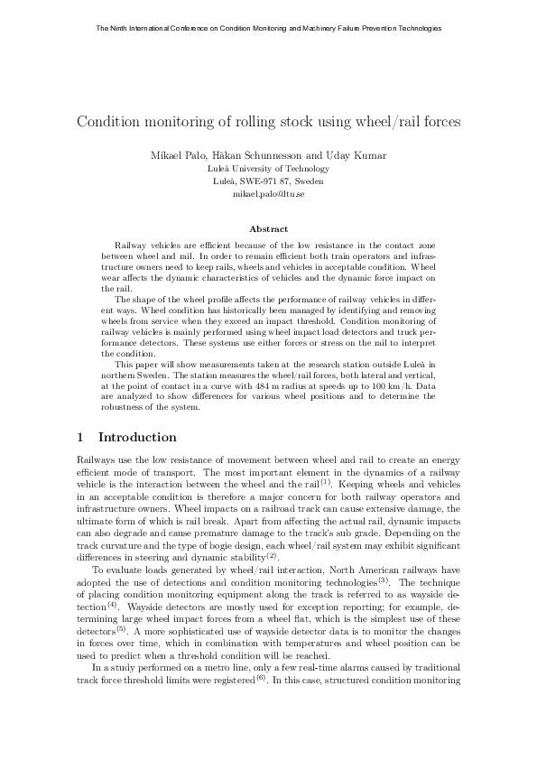 Pdf Condition Monitoring Of Rolling Stock Using Wheel Rail Forces