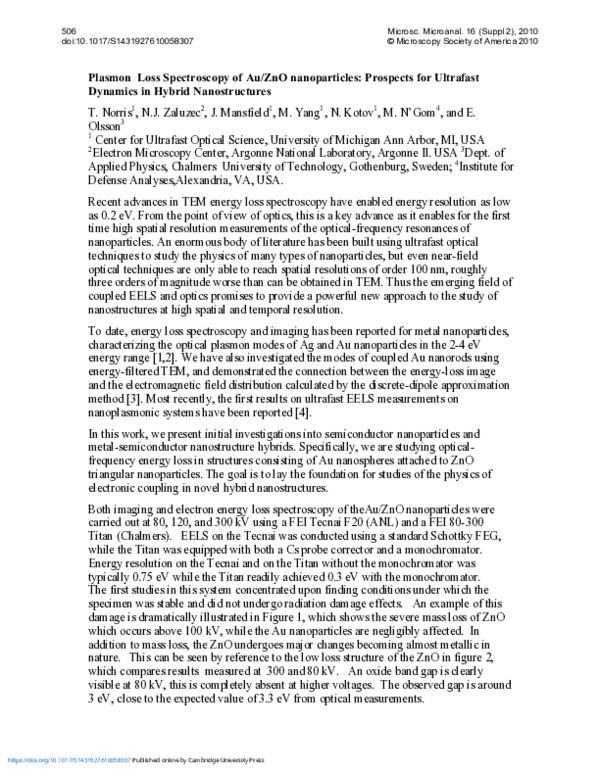 (PDF) Plasmon Loss Spectroscopy of Au/ZnO Nanoparticles: Prospects for Ultrafast Dynamics in ...