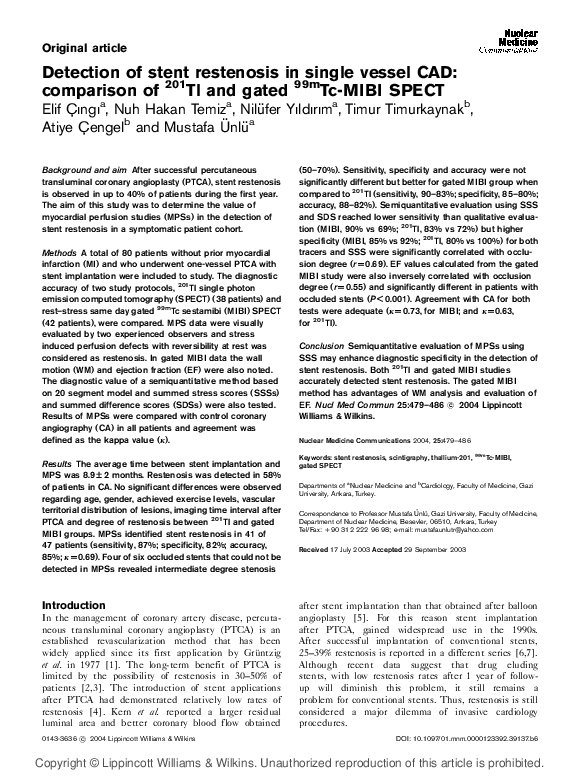 (PDF) Detection of stent restenosis in single vessel CAD: comparison of ...