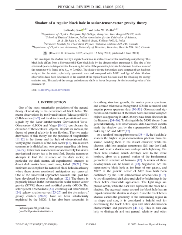 (PDF) Shadow of a regular black hole in scalar-tensor-vector gravity theory
