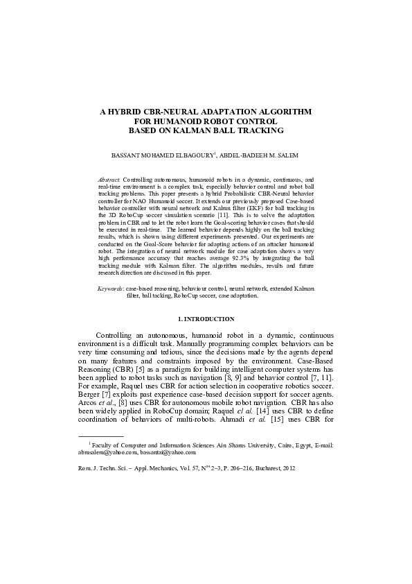 (PDF) A Hybrid CBR-Neural Adaptation Algorithm for Humanoid Robot Control Based on Kalman Ball ...