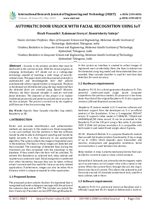 (PDF) AUTOMATIC DOOR UNLOCK WITH FACIAL RECOGNITION USING IoT