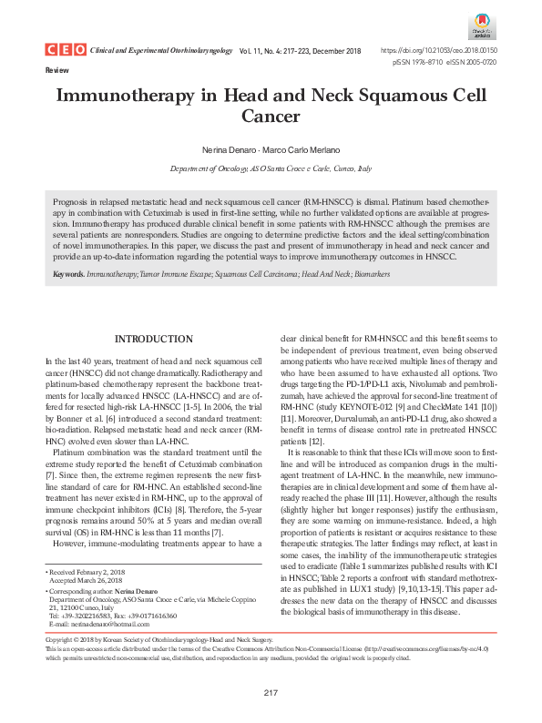 (PDF) Immunotherapy in Head and Neck Squamous Cell Cancer | Nerina Denaro - Academia.edu