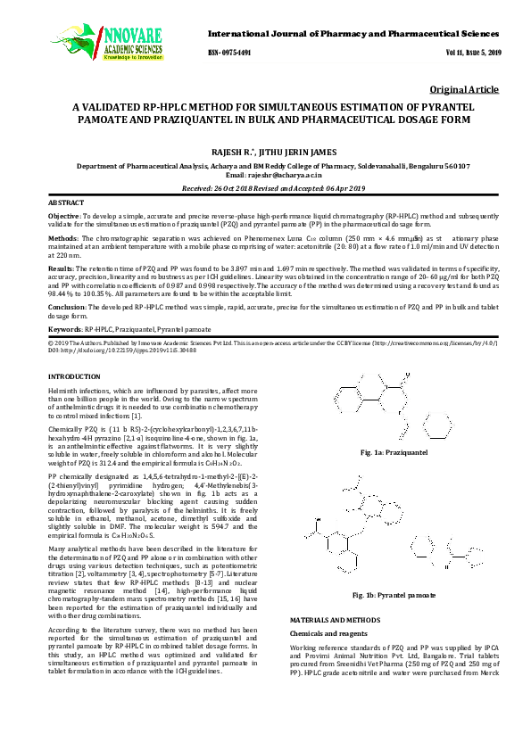 (PDF) A VALIDATED RP-HPLC METHOD FOR SIMULTANEOUS ESTIMATION OF PYRANTEL PAMOATE AND ...