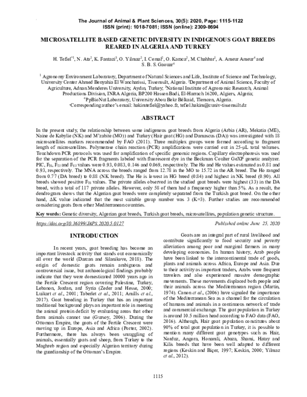 (PDF) Microsatellite Based Genetic Diversity in Indigenous Goat Breeds Reared in Algeria and Turkey