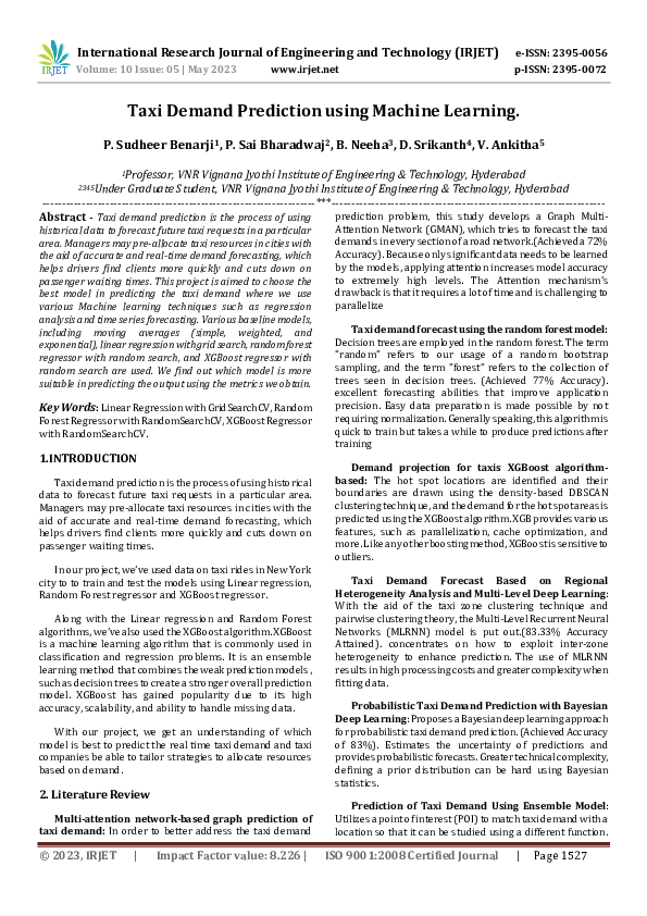 Pdf Taxi Demand Prediction Using Machine Learning