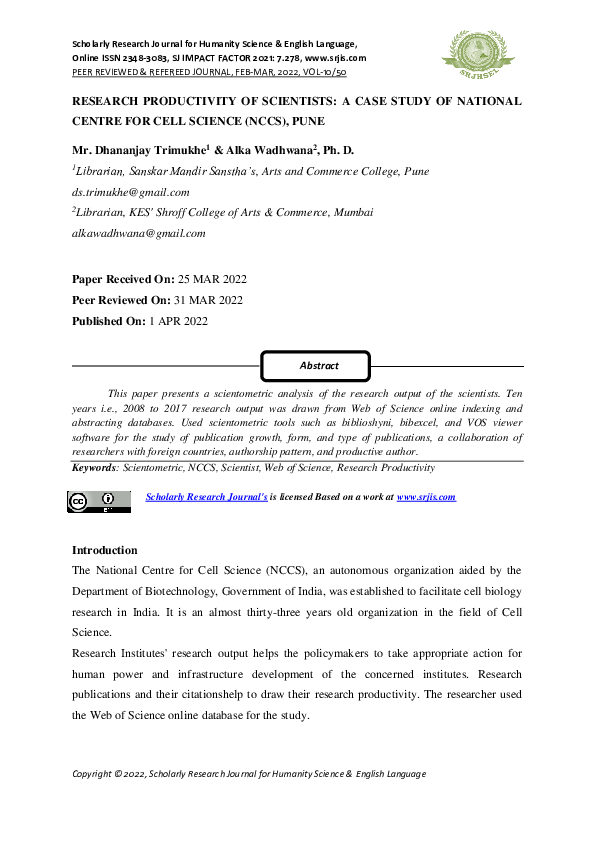 (PDF) RESEARCH PRODUCTIVITY OF SCIENTISTS: A CASE STUDY OF NATIONAL ...