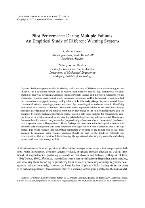 (PDF) Pilot Performance During Multiple Failures: An Empirical Study of Different Warning Systems