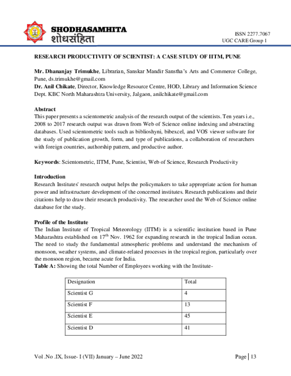 (PDF) RESEARCH PRODUCTIVITY OF SCIENTIST: A CASE STUDY OF IITM, PUNE