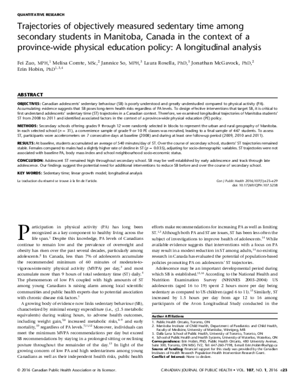 (PDF) Trajectories of objectively measured sedentary time among secondary students in Manitoba ...