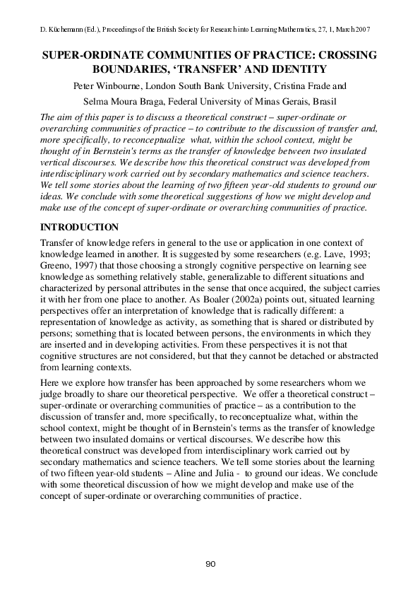 (PDF) Superordinate Communities of Practice: Crossing Boundaries, 'Transfer' and Identity