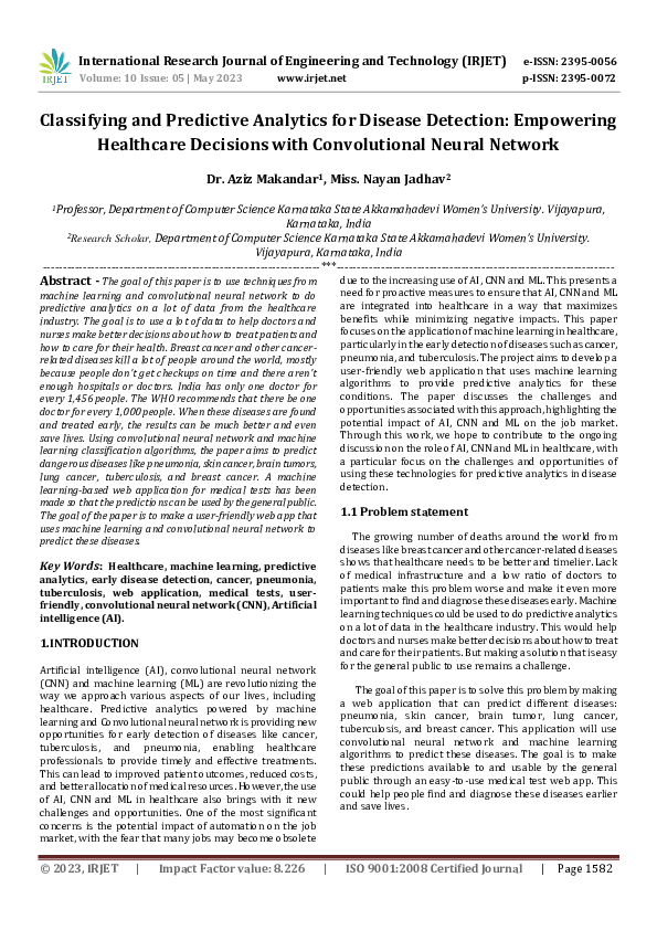 Pdf Predictive Analytics For Disease Detection Using Cnn