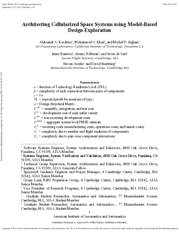 Pdf Architecting Cellularized Space Systems Using Model Based Design Exploration Jaime