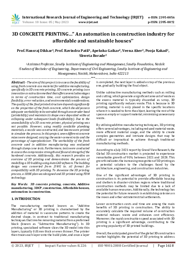 (PDF) 3D CONCRETE PRINTING…" An automation in construction industry for affordable and ...