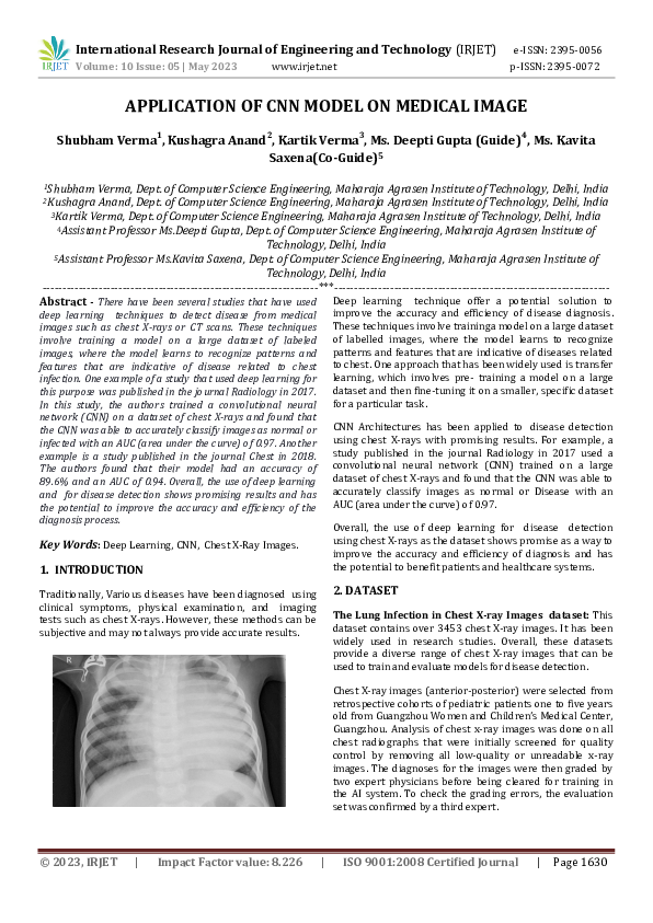 (PDF) APPLICATION OF CNN MODEL ON MEDICAL IMAGE