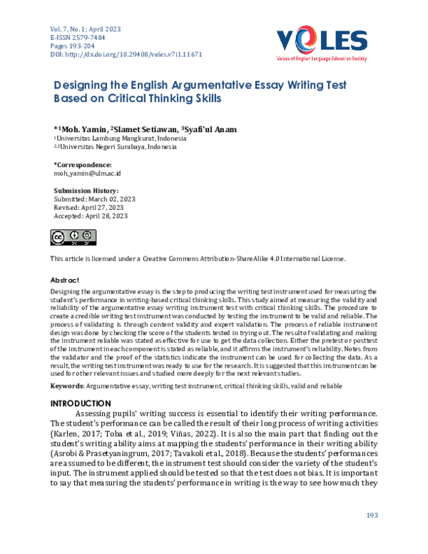 (PDF) Designing The English Argumentative Essay Writing Test Based on ...