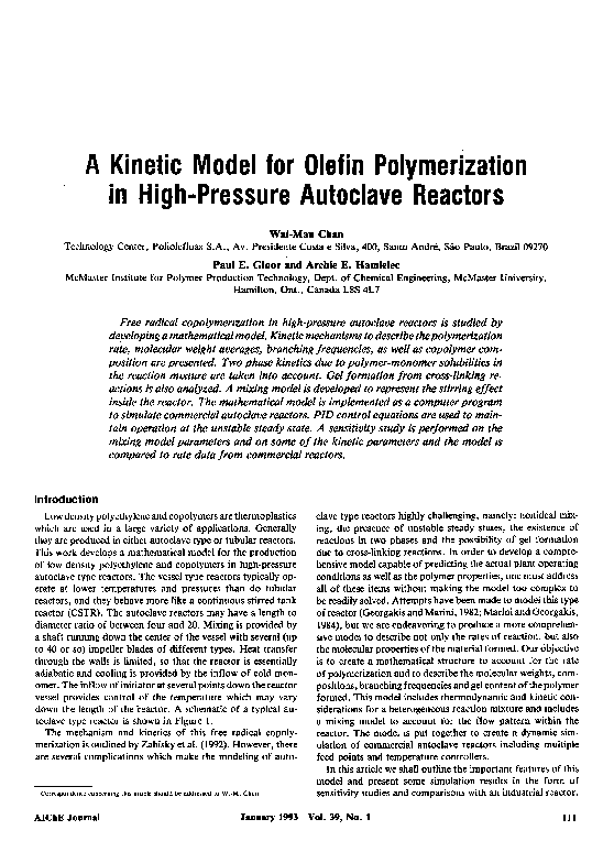 Pdf A Kinetic Model For Olefin Polymerization In High Pressure Autoclave Reactors