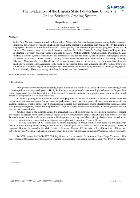 (PDF) The Evaluation of the Laguna State Polytechnic University Online Student’s Grading System