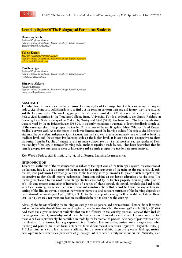 (PDF) Learning Styles Of The Pedagogical Formation Students