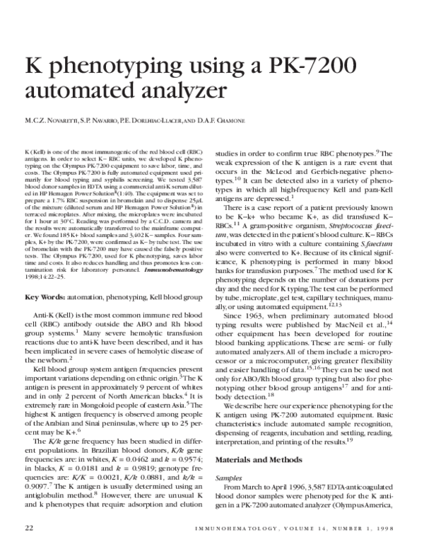 (PDF) K phenotyping using a PK-7200 automated analyzer | marcia novaretti - Academia.edu