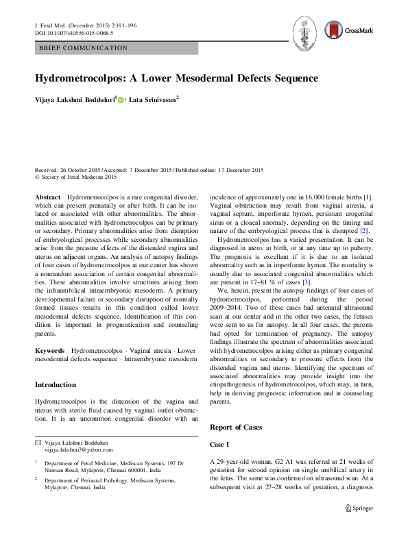 (PDF) Hydrometrocolpos: A Lower Mesodermal Defects Sequence