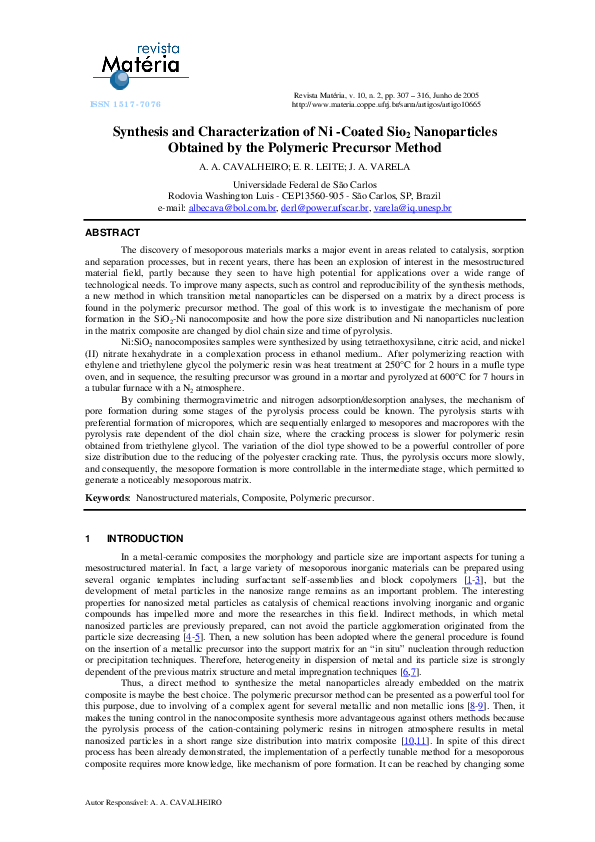 (PDF) Synthesis and Characterization of Ni-Coated Sio 2 Nanoparticles Obtained by the Polymeric ...
