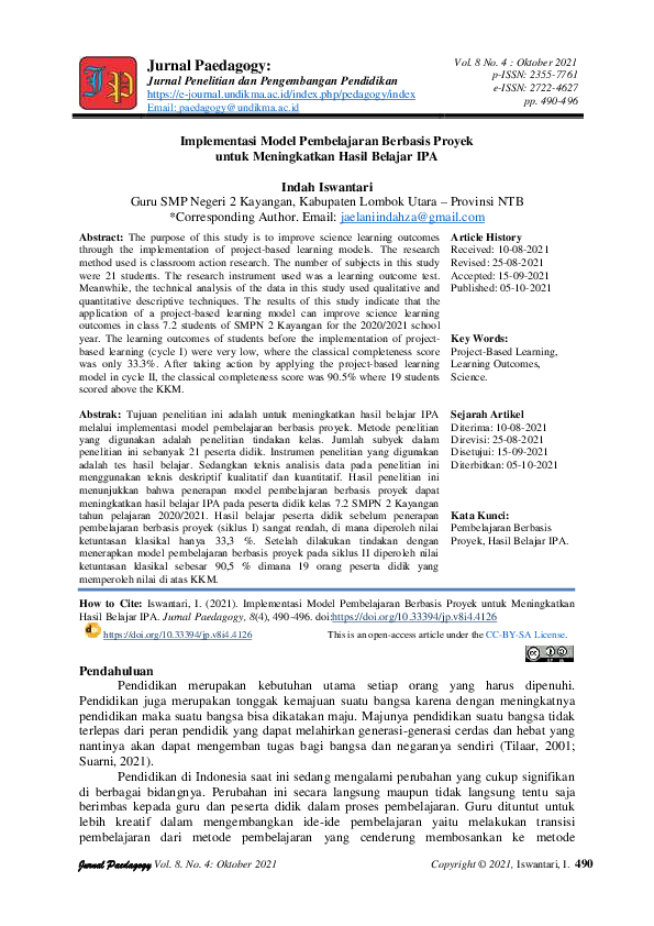 (PDF) Implementasi Model Pembelajaran Berbasis Proyek untuk Meningkatkan Hasil Belajar IPA