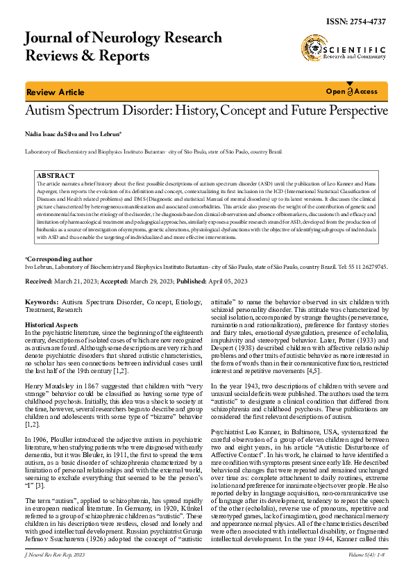 (PDF) Autism Spectrum Disorder: History, Concept and Future Perspective