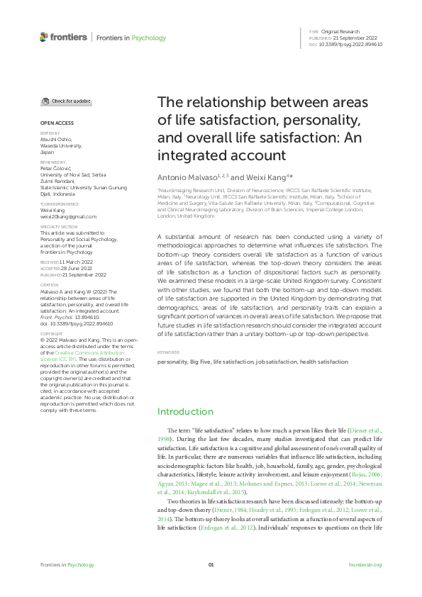 Pdf The Relationship Between Areas Of Life Satisfaction Personality