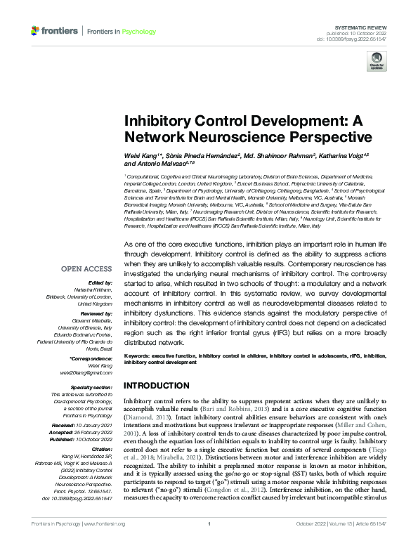 (PDF) Inhibitory Control Development: A Network Neuroscience Perspective | Antonio Malvaso ...