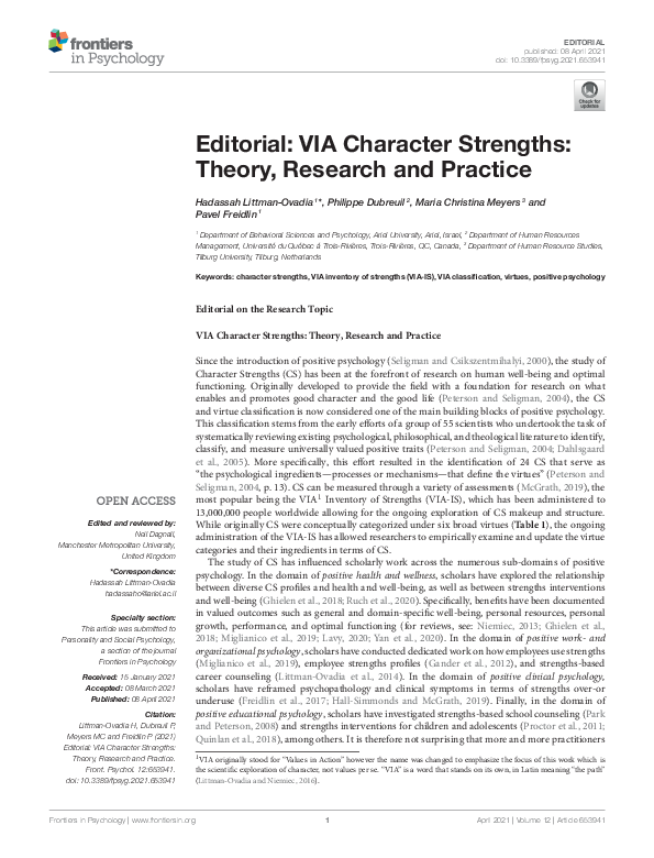 (PDF) Editorial: VIA Character Strengths: Theory, Research and Practice