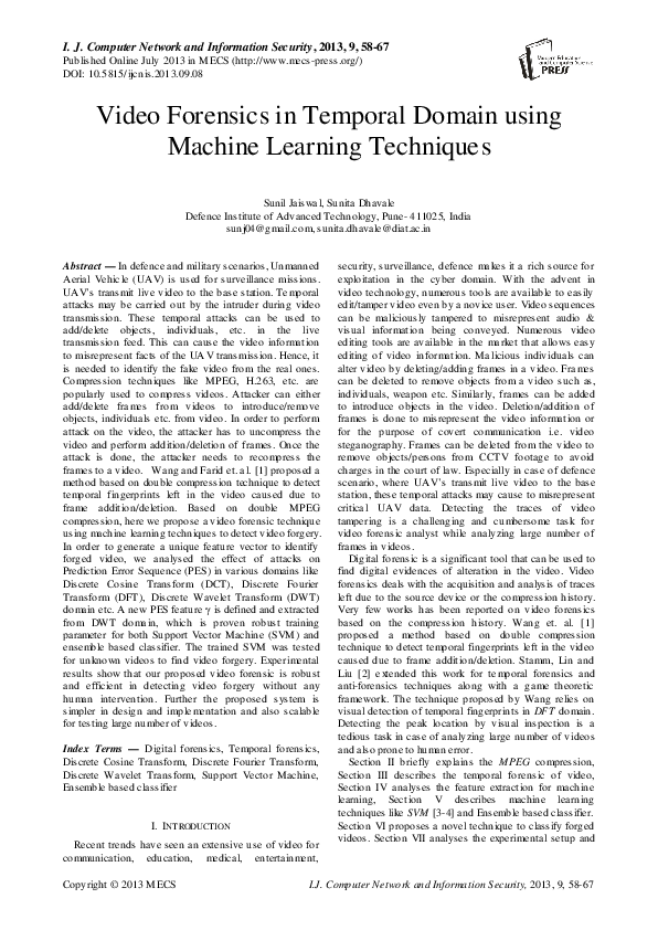 (PDF) Video Forensics in Temporal Domain using Machine Learning Techniques