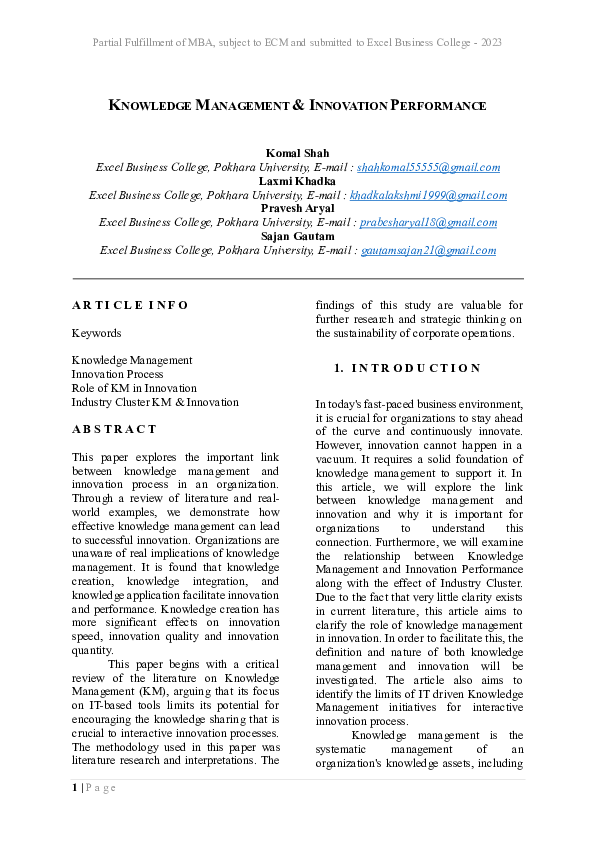 (PDF) KNOWLEDGE MANAGEMENT & INNOVATION PERFORMANCE
