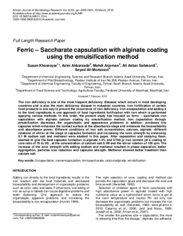 (PDF) Ferric – Saccharate capsulation with alginate coating using the ...