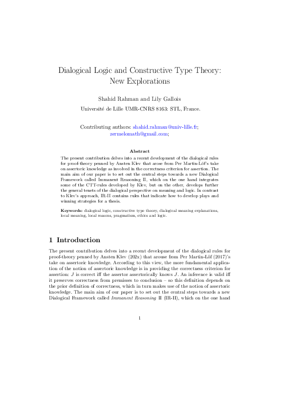 (PDF) Dialogical Logic and Constructive Type Theory New Explorations