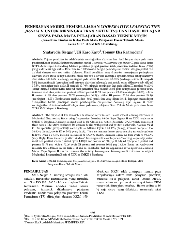 (PDF) Penerapan Model Pembelajaran Cooperative Learning Tipe Jigsaw II untuk Meningkatkan ...