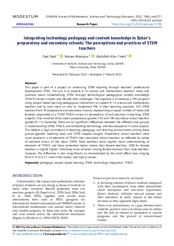 Pdf Integrating Technology Pedagogy And Content Knowledge In Qatar S