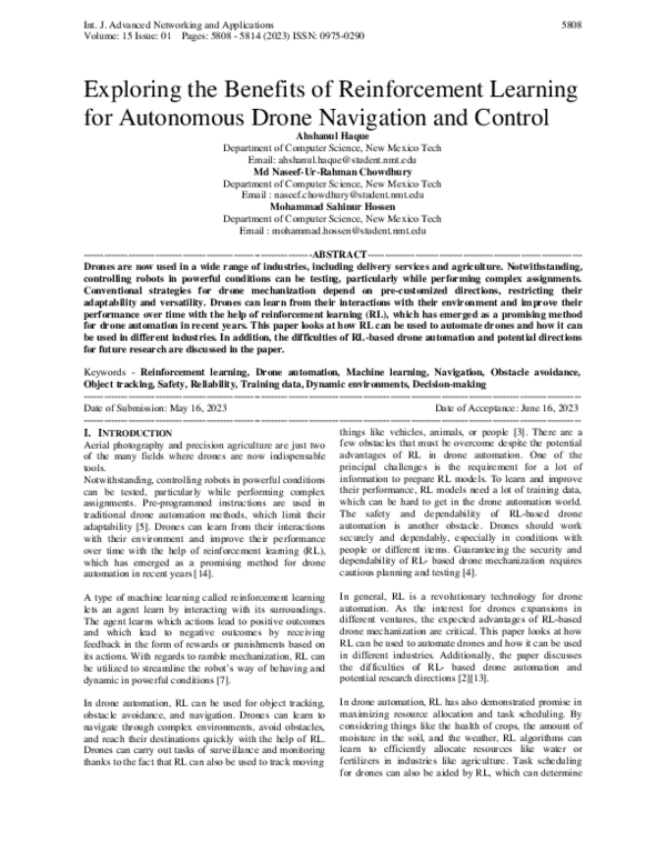 Pdf Exploring The Benefits Of Reinforcement Learning For Autonomous Drone Navigation And Control