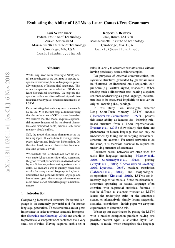 Pdf Evaluating The Ability Of Lstms To Learn Context Free Grammars