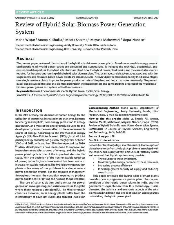 (PDF) Review of Hybrid Solar-Biomass Power Generation System