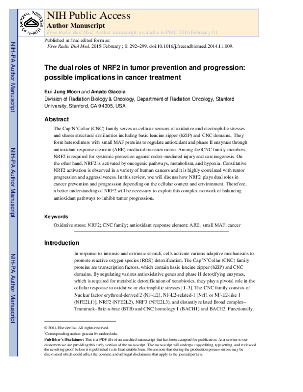 Pdf Dual Roles Of Nrf2 In Tumor Prevention And Progression Possible
