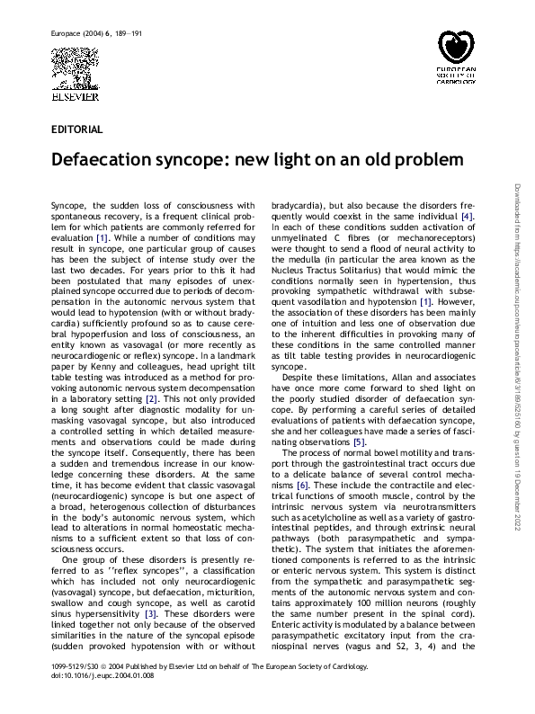 (PDF) Defaecation syncope: new light on an old problem